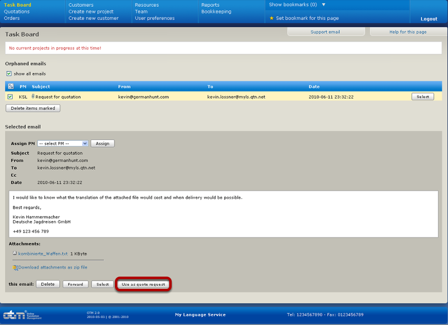 Receiving an e-mail inquiry from an existing client and quotation in OTM
